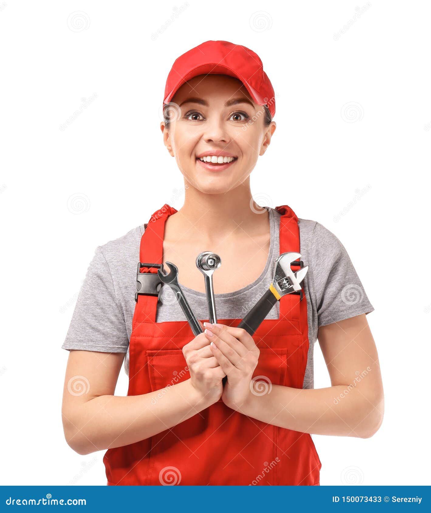 Female Car Mechanic with Tools on White Background Stock Image - Image ...