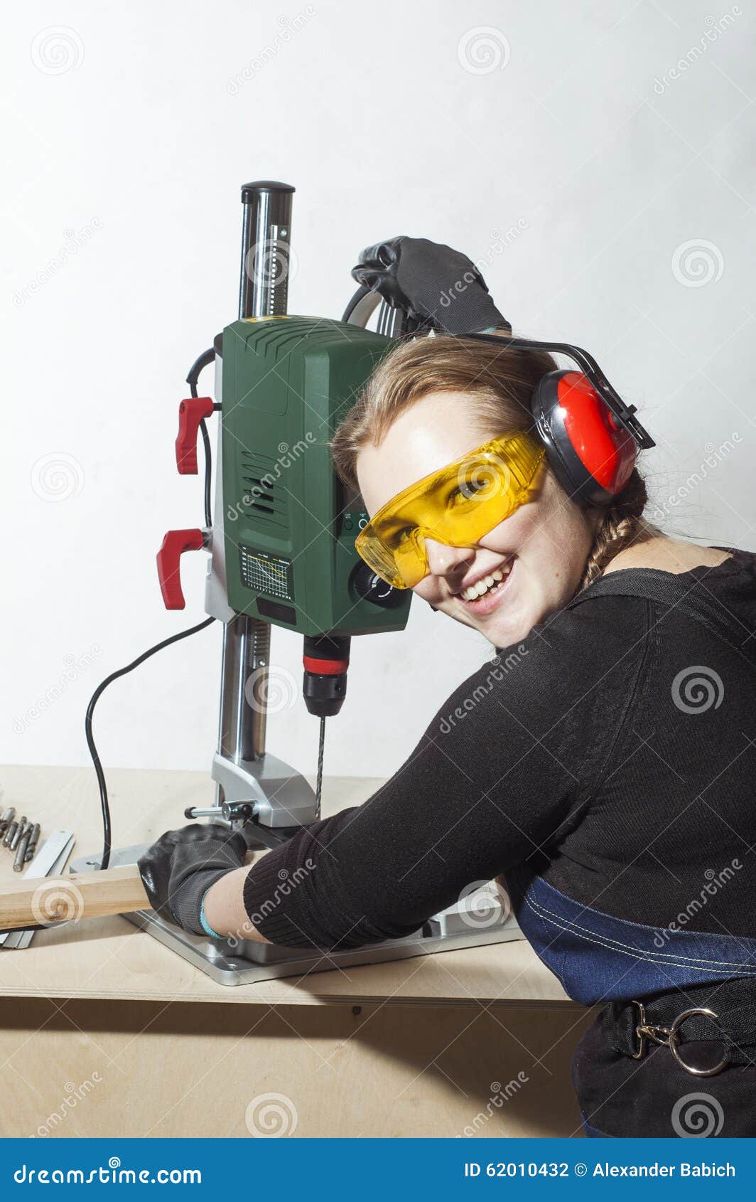 Female Carpenter and Drilling Machine. Stock Photo - Image of drilling ...