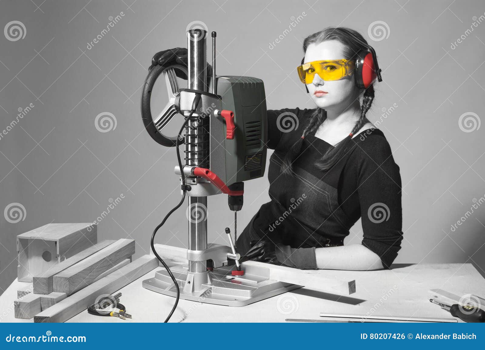 Female Carpenter and Drilling Machine. Stock Photo - Image of factory ...