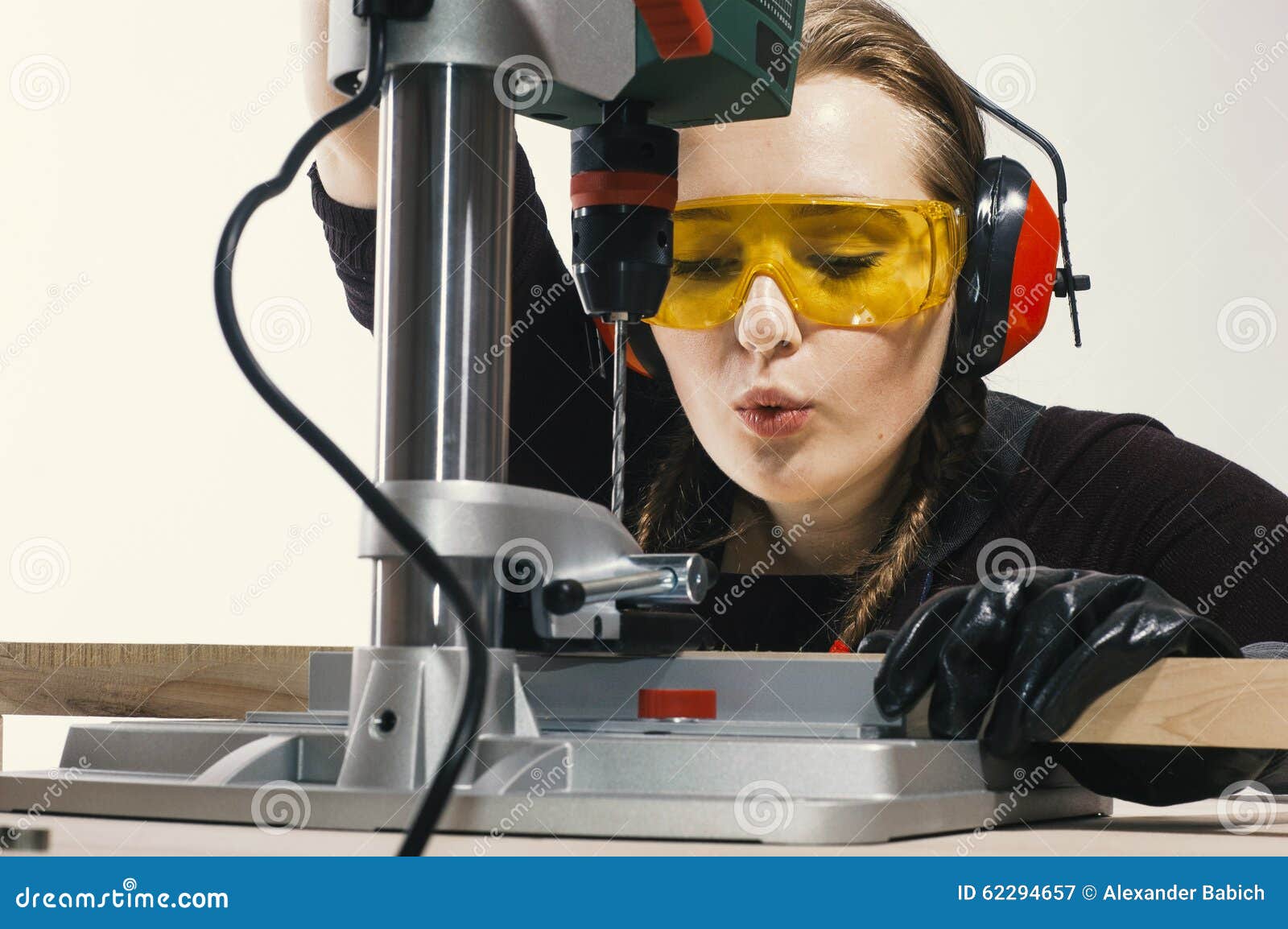 Female Carpenter and Drilling Machine. Stock Image - Image of ...