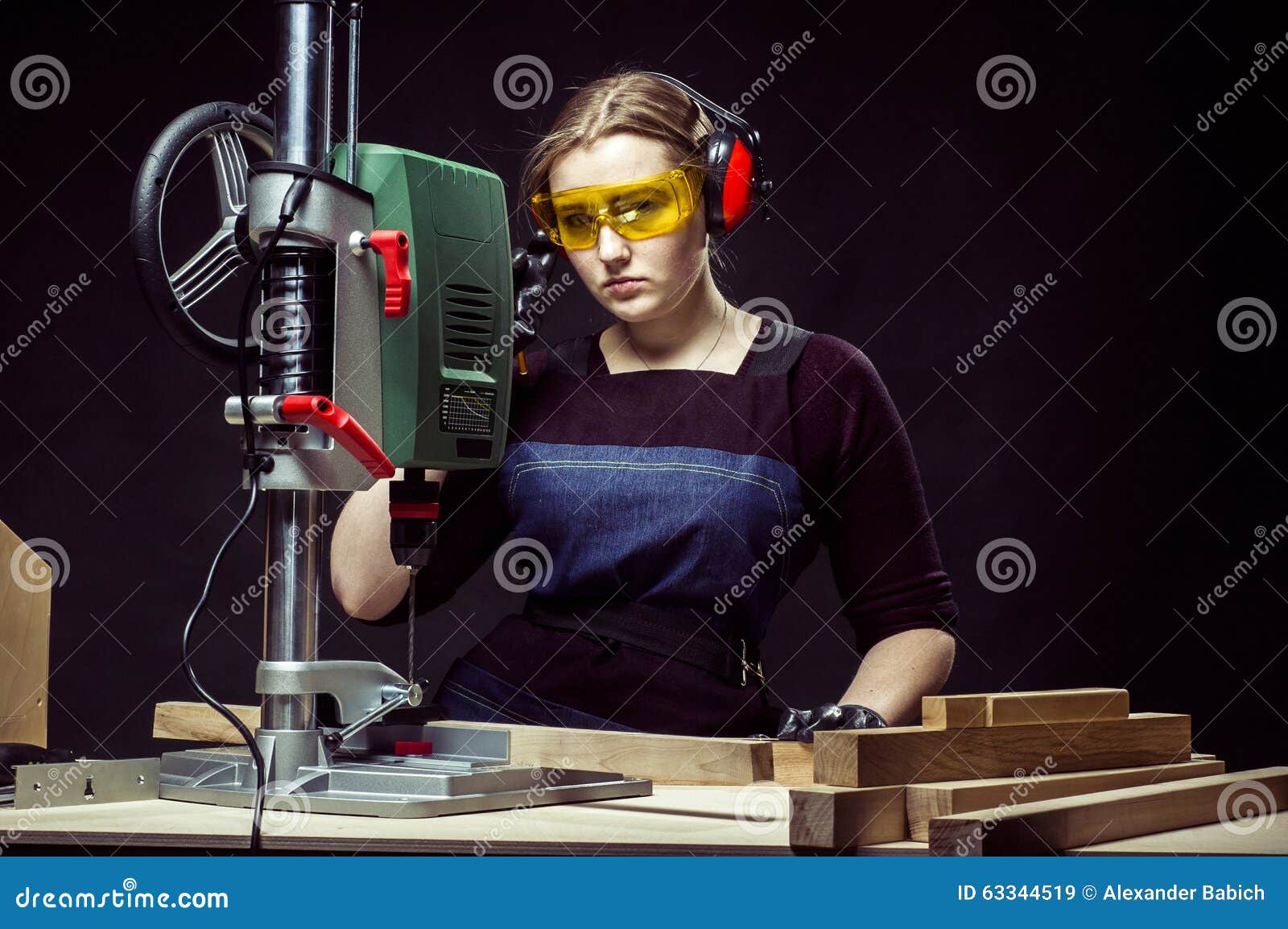 Female Carpenter and Drilling Machine. Stock Image - Image of ...