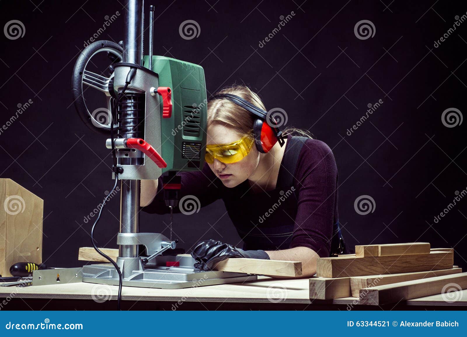 Female Carpenter and Drilling Machine. Stock Image - Image of equipment ...