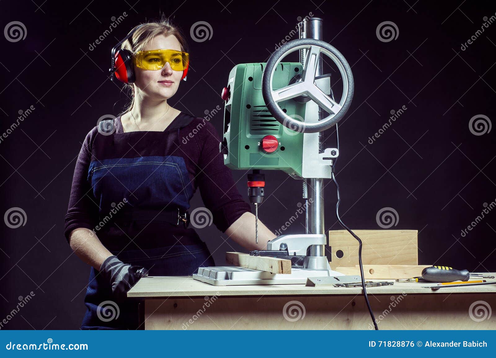 Female Carpenter And Drilling Machine. Stock Photo - Image of boring ...