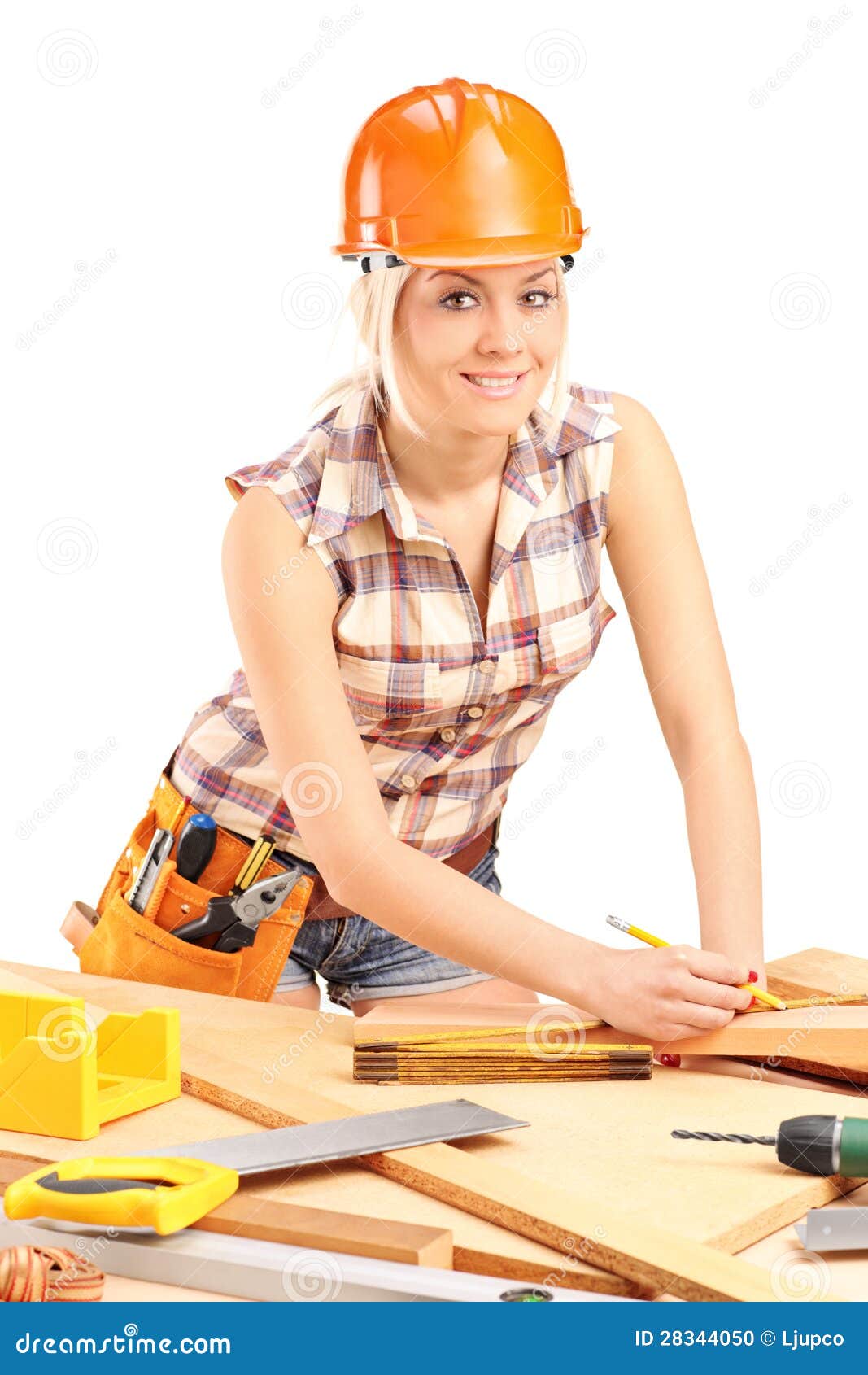Female Carpenter with Helmet at Work Stock Photo - Image of clothes ...