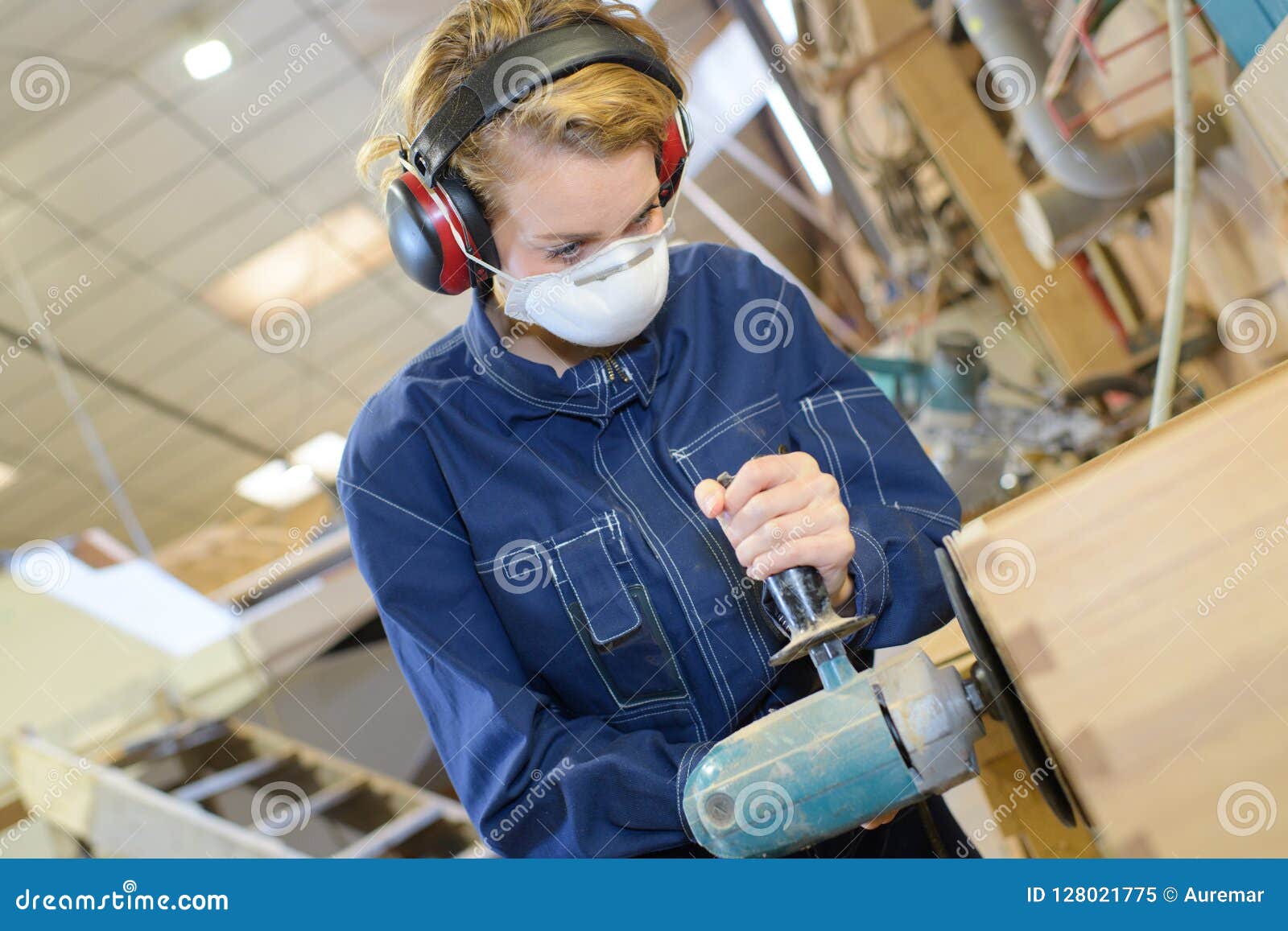Female Carpenter with Machine Sanding for Wood Worker Stock Image ...