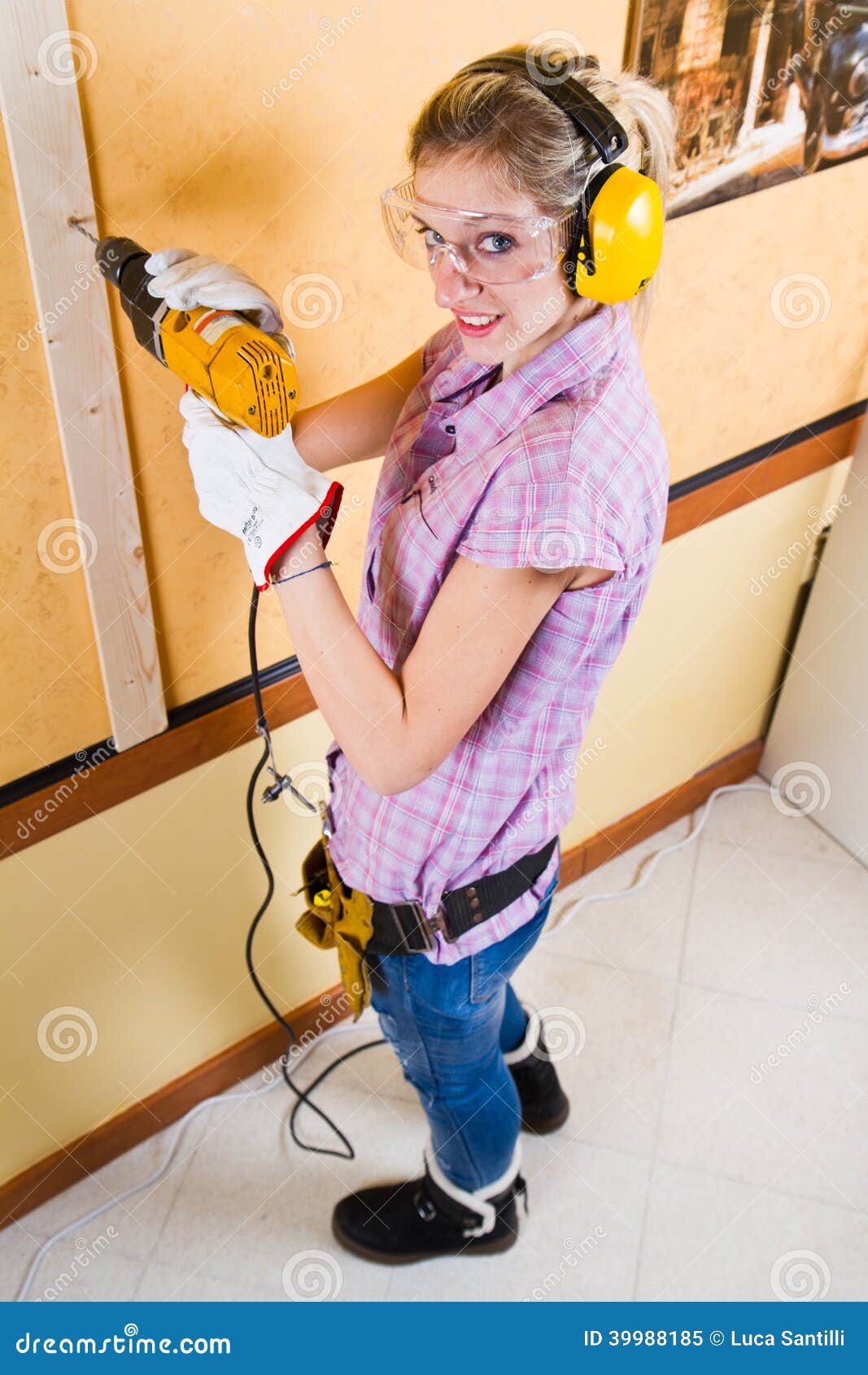 Female Carpenter at Work Using Hand Drilling Machine Stock Image ...