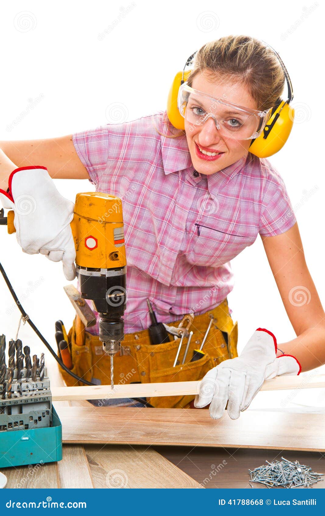 Female Carpenter at Work Using Hand Drilling Machine Stock Photo ...