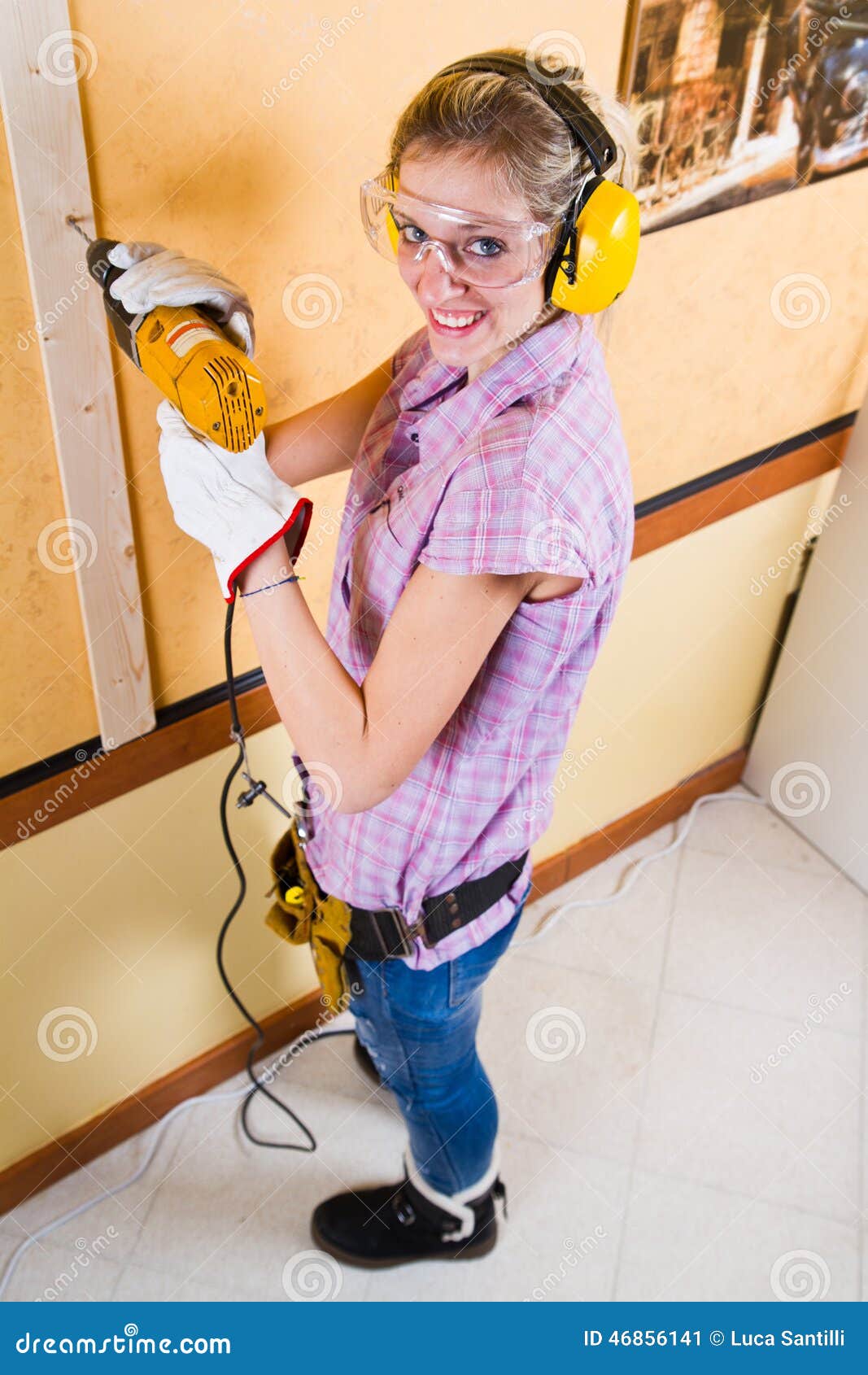 Female Carpenter at Work Using Hand Drilling Machine Stock Image ...