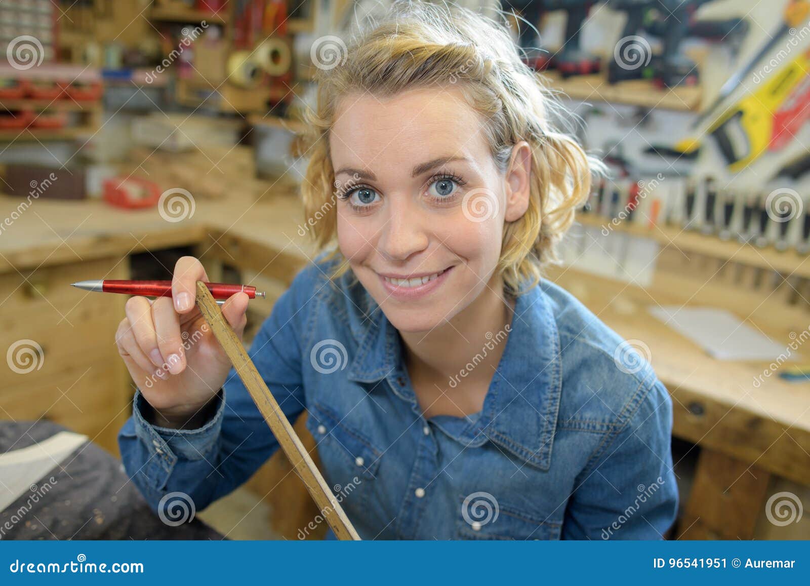 Female Carpenter Working with Wood in Workshop Stock Image - Image of ...