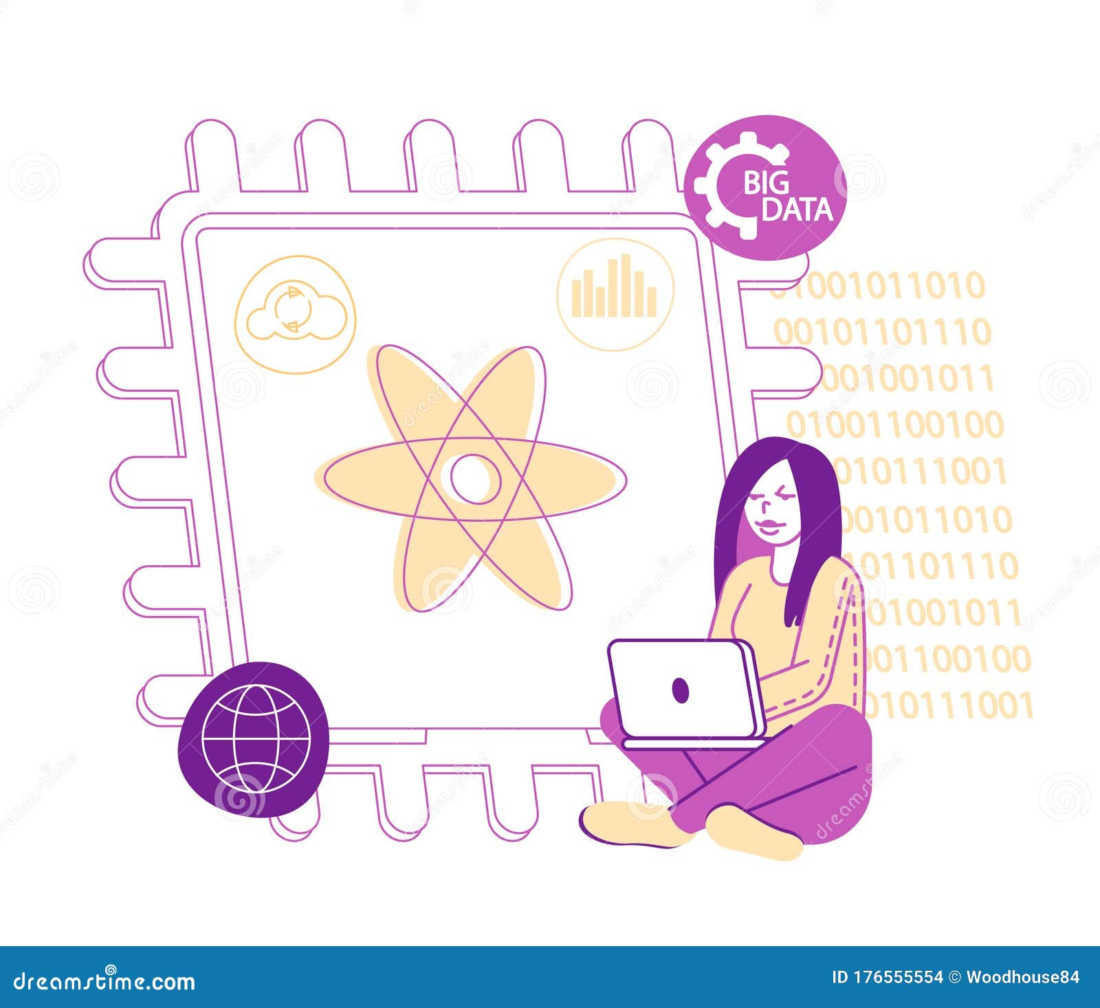 Female Character with Notebook Sitting at Huge Microchip with Atom ...