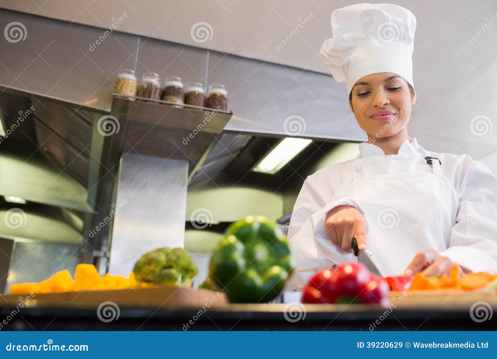 Female Chef Cutting Vegetables in Kitchen Stock Image - Image of food ...