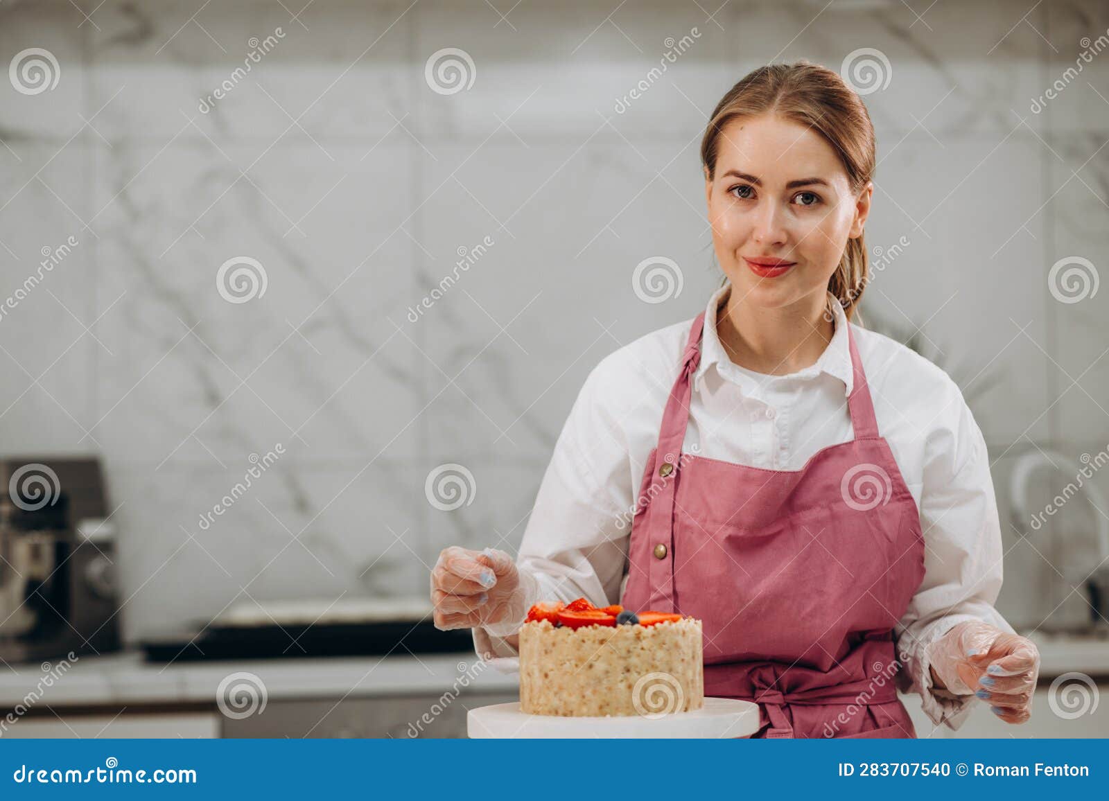 Female Chef Decorate Cheesecake before Serving for Breakfast in ...