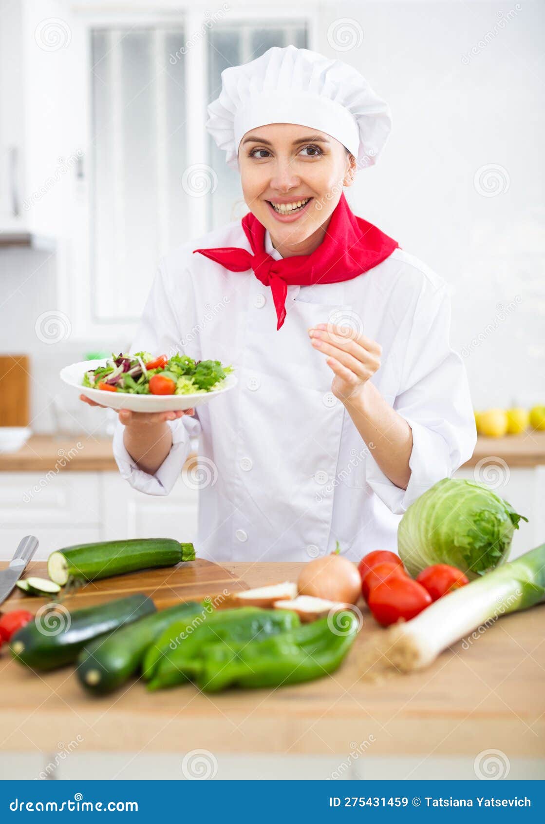 Female Chef Demonstrating Excellent Salad in the Kitchen Stock Image ...