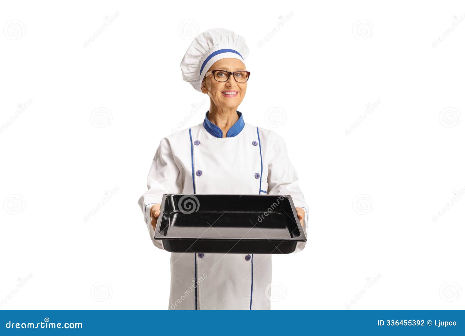 Female Chef Holding an Empty Baking Tray Stock Photo - Image of plate ...