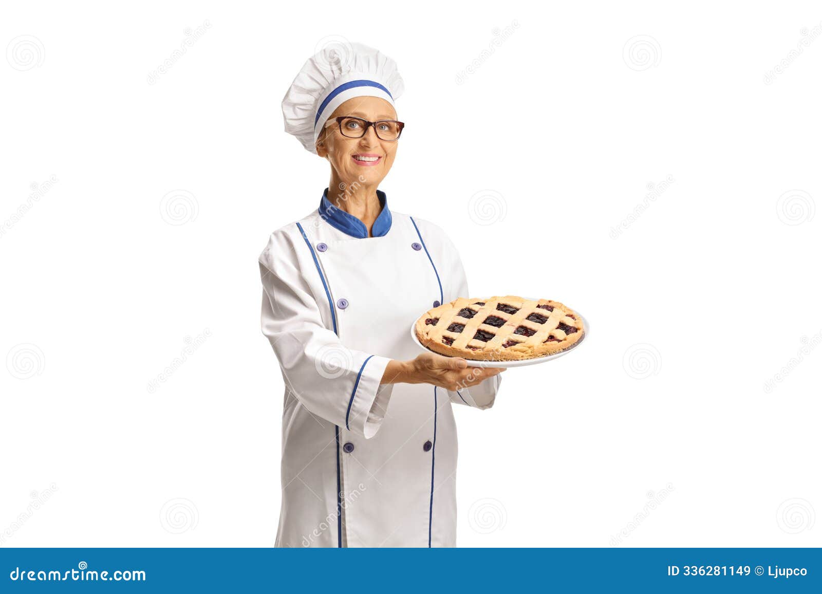 Female chef holding a pie stock image. Image of plate - 336281149