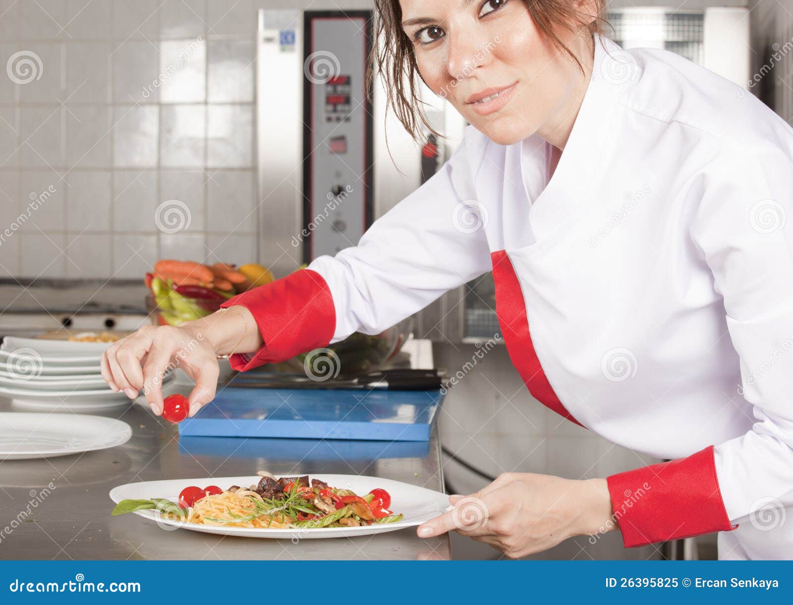 Female Chef in Kitchen Decorating Stock Image - Image of professional ...