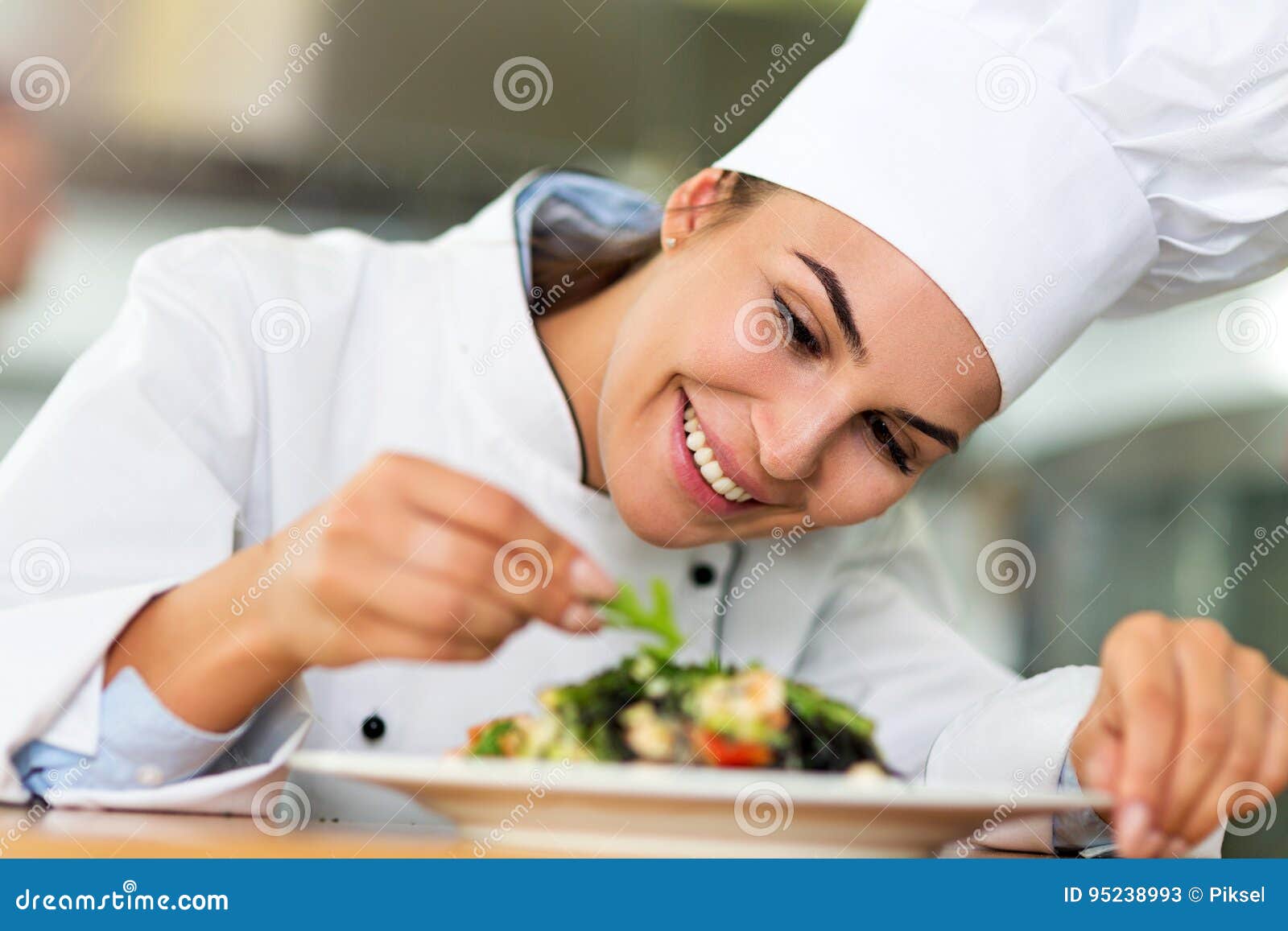 Female chef in kitchen stock image. Image of attractive - 95238993