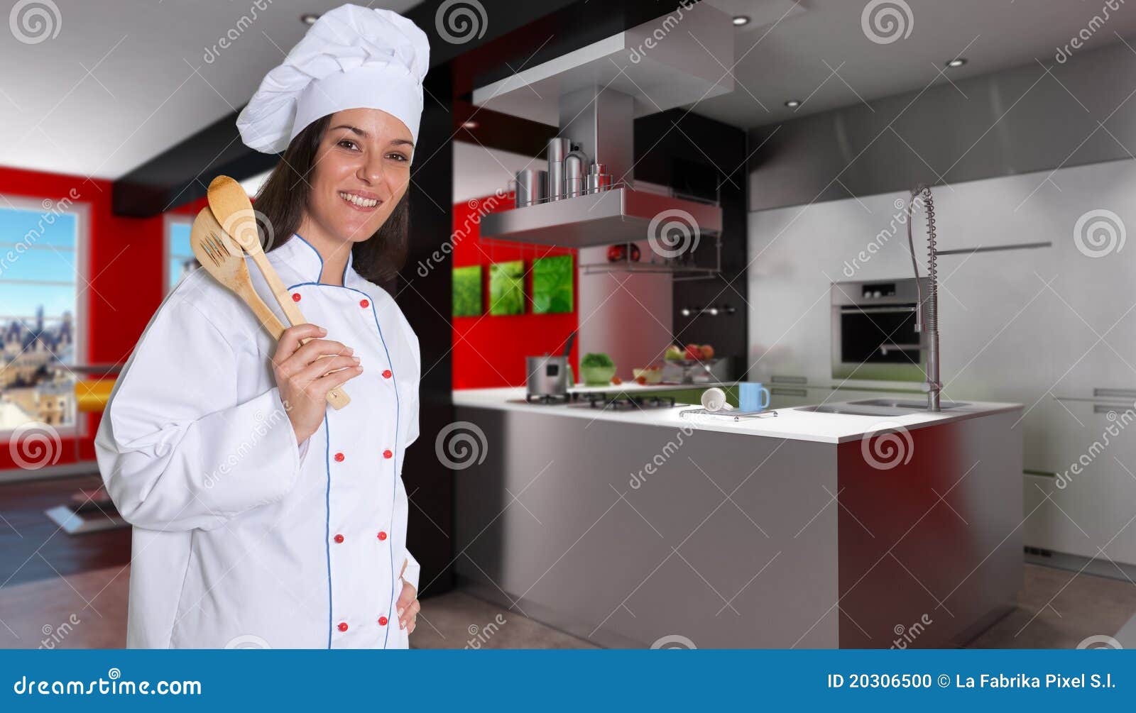 Female Chef in a Red and Black Designer Kitchen Stock Photo - Image of ...