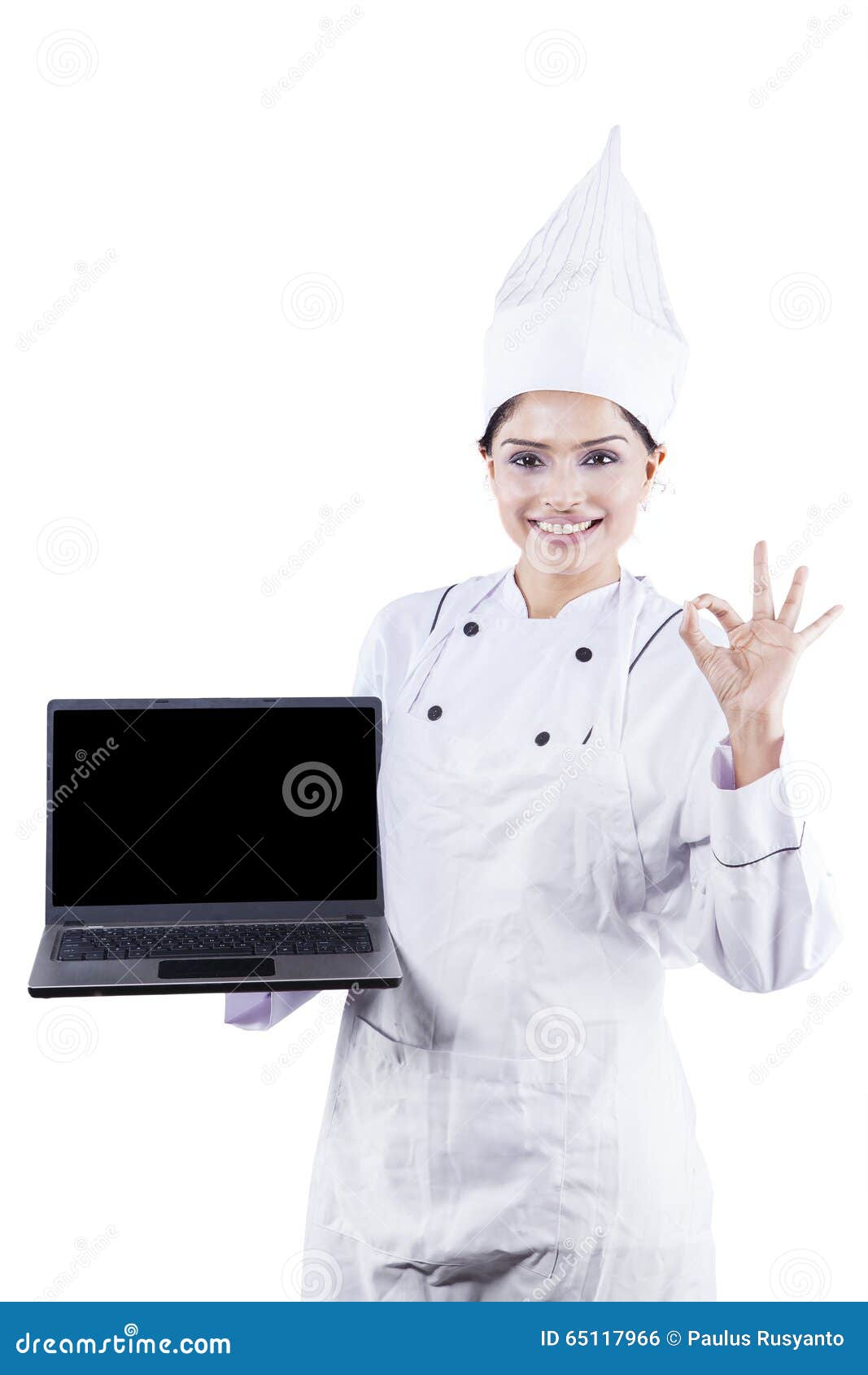 Female Chef Showing a Laptop Stock Photo - Image of female, gesture ...