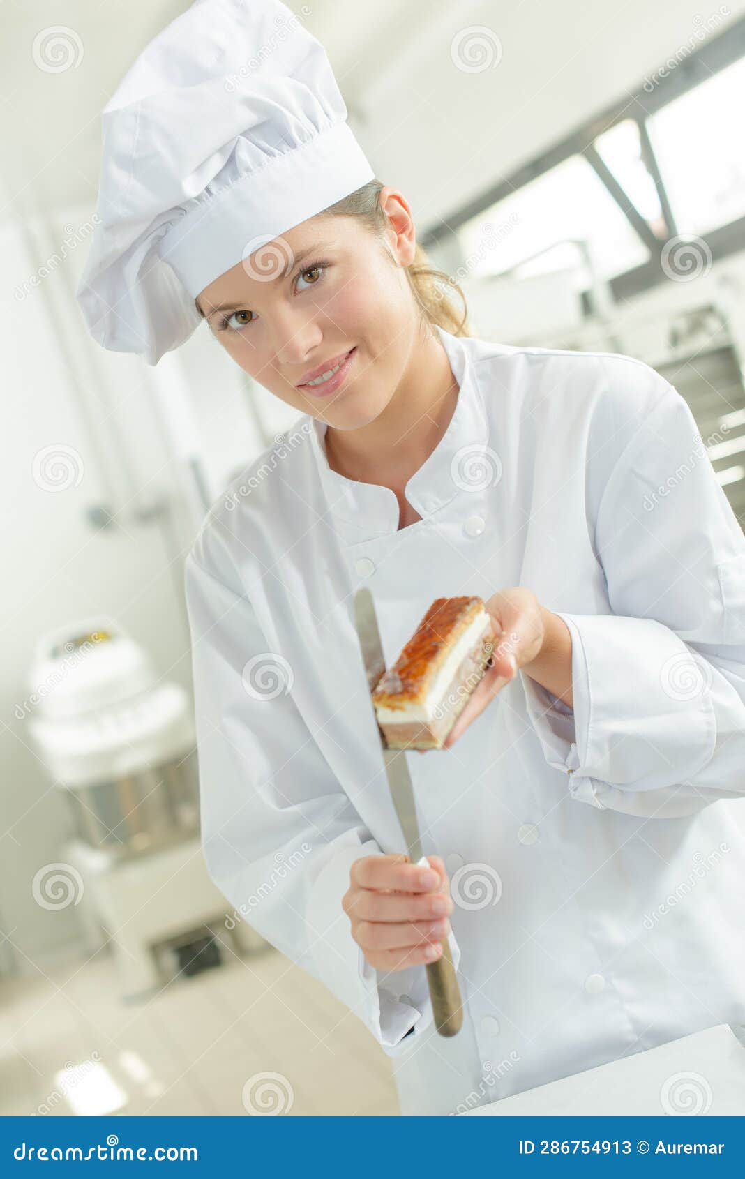 Female Chef with Slice Cake Stock Image - Image of kitchen, female ...