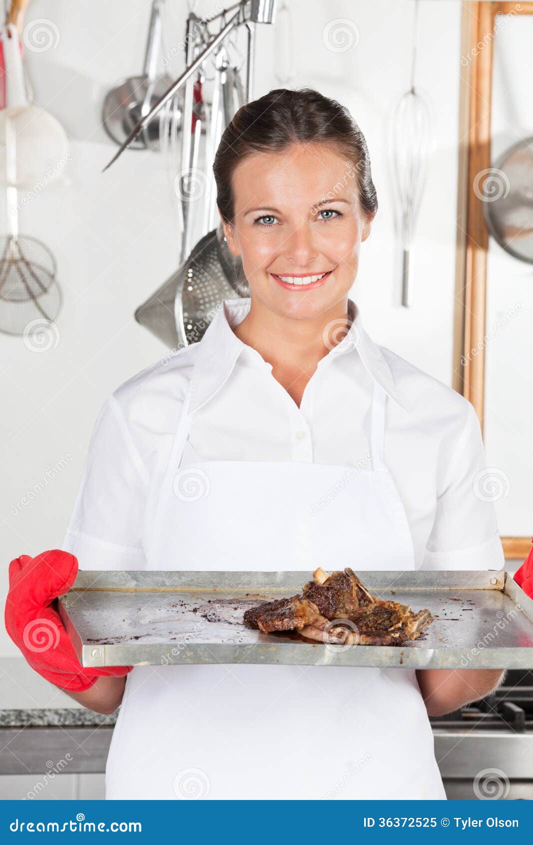 Female Chef with Tray of Meat Stock Image - Image of gourmet, food ...