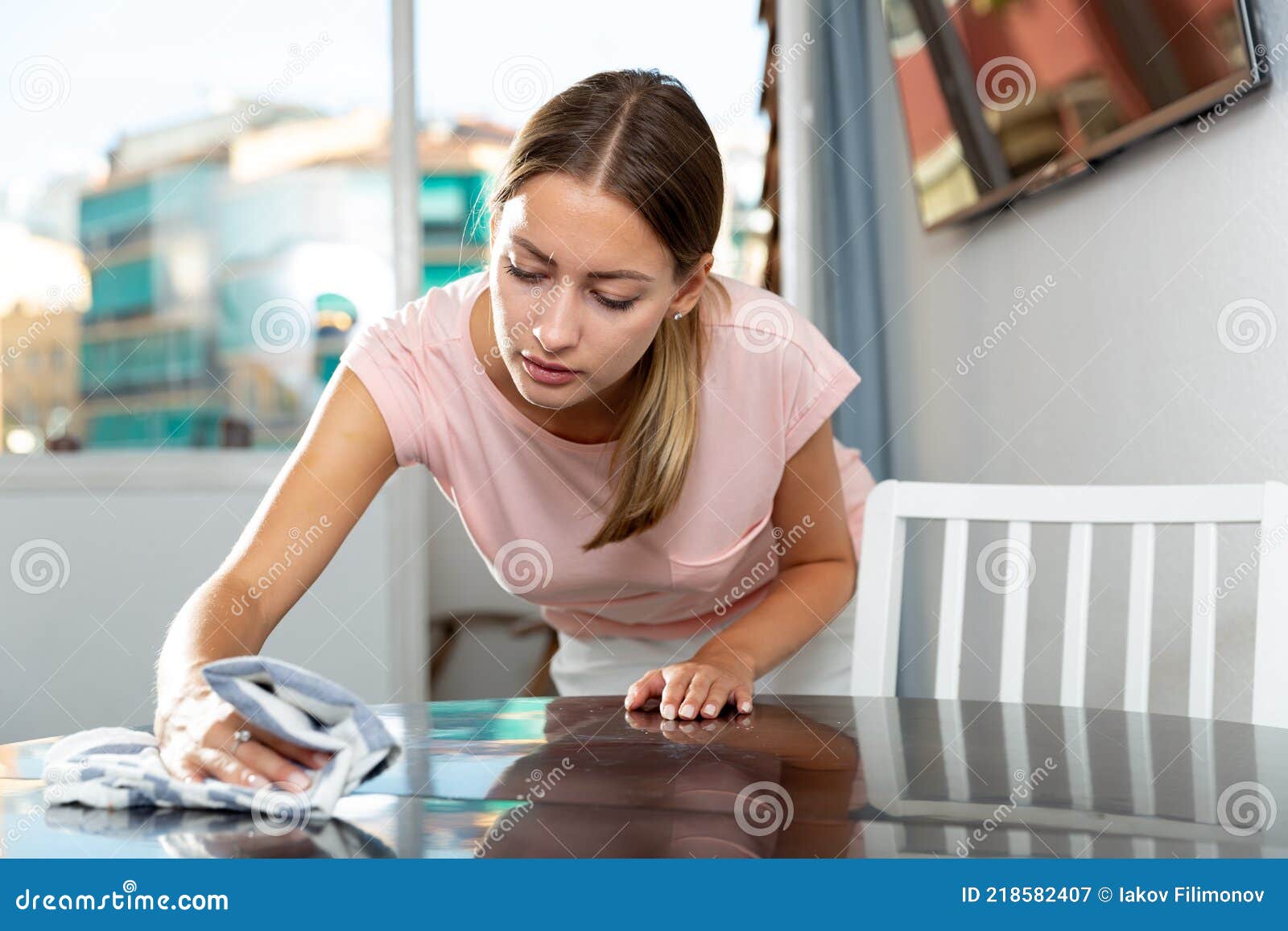 Female Cleaning Kitchen Table Stock Image - Image of caucasian, cleanup ...