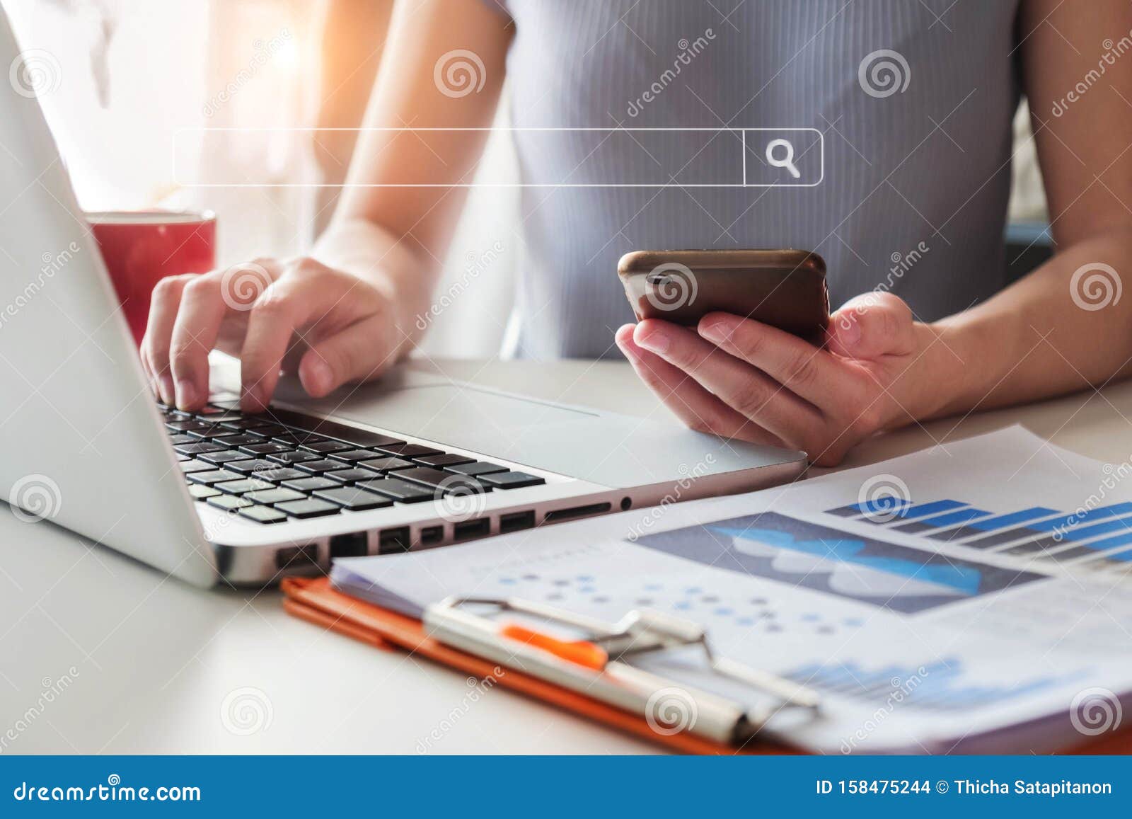 Female Clicking Internet Search Page on Computer and Smartphone Touch ...