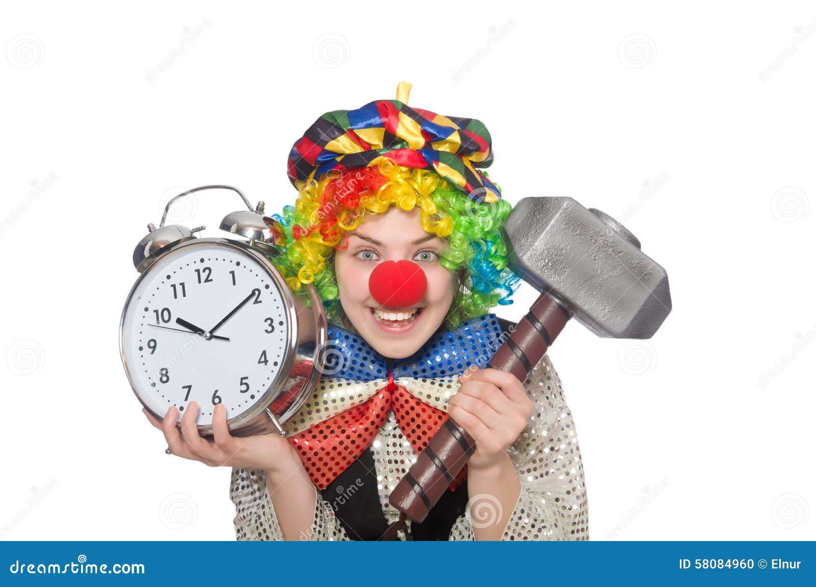 Female Clown with Alarm-clock and Hammer Isolated Stock Photo - Image ...