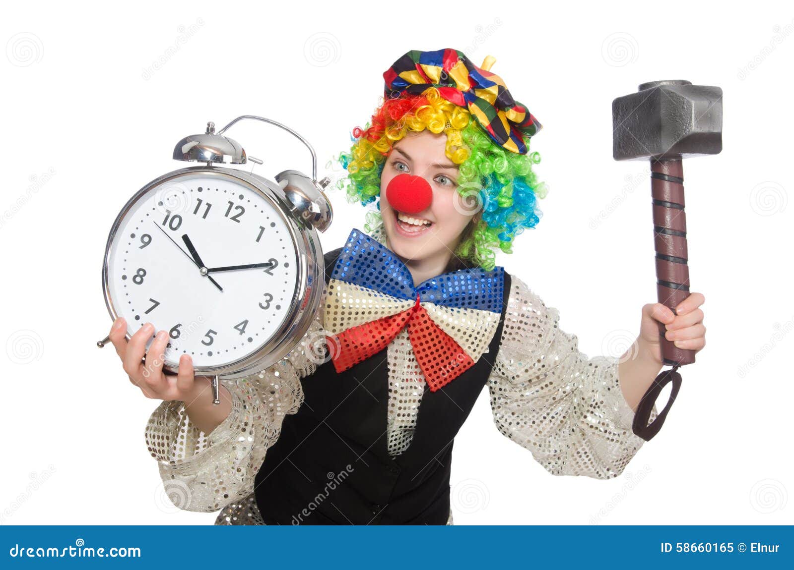 Female Clown with Alarm-clock and Hammer Isolated Stock Image - Image ...