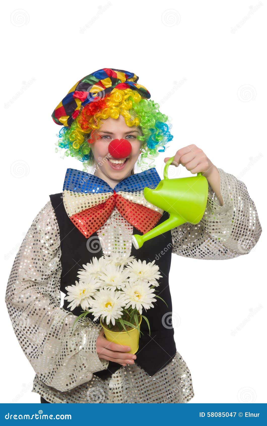 Female Clown with Flowers Isolated on White Stock Image - Image of ...