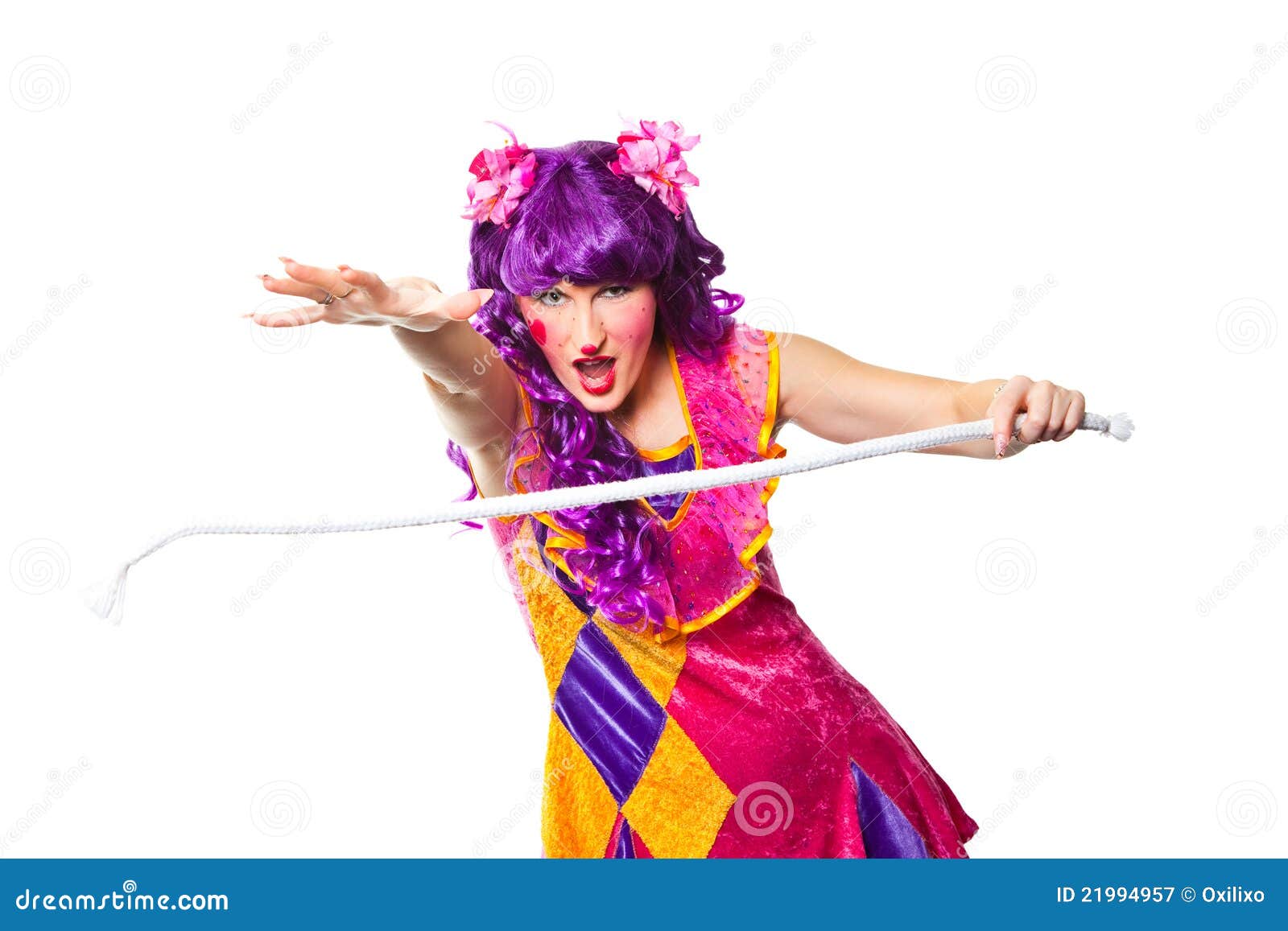 Female Clown Making Focus with Rope Stock Image - Image of curls, pink ...