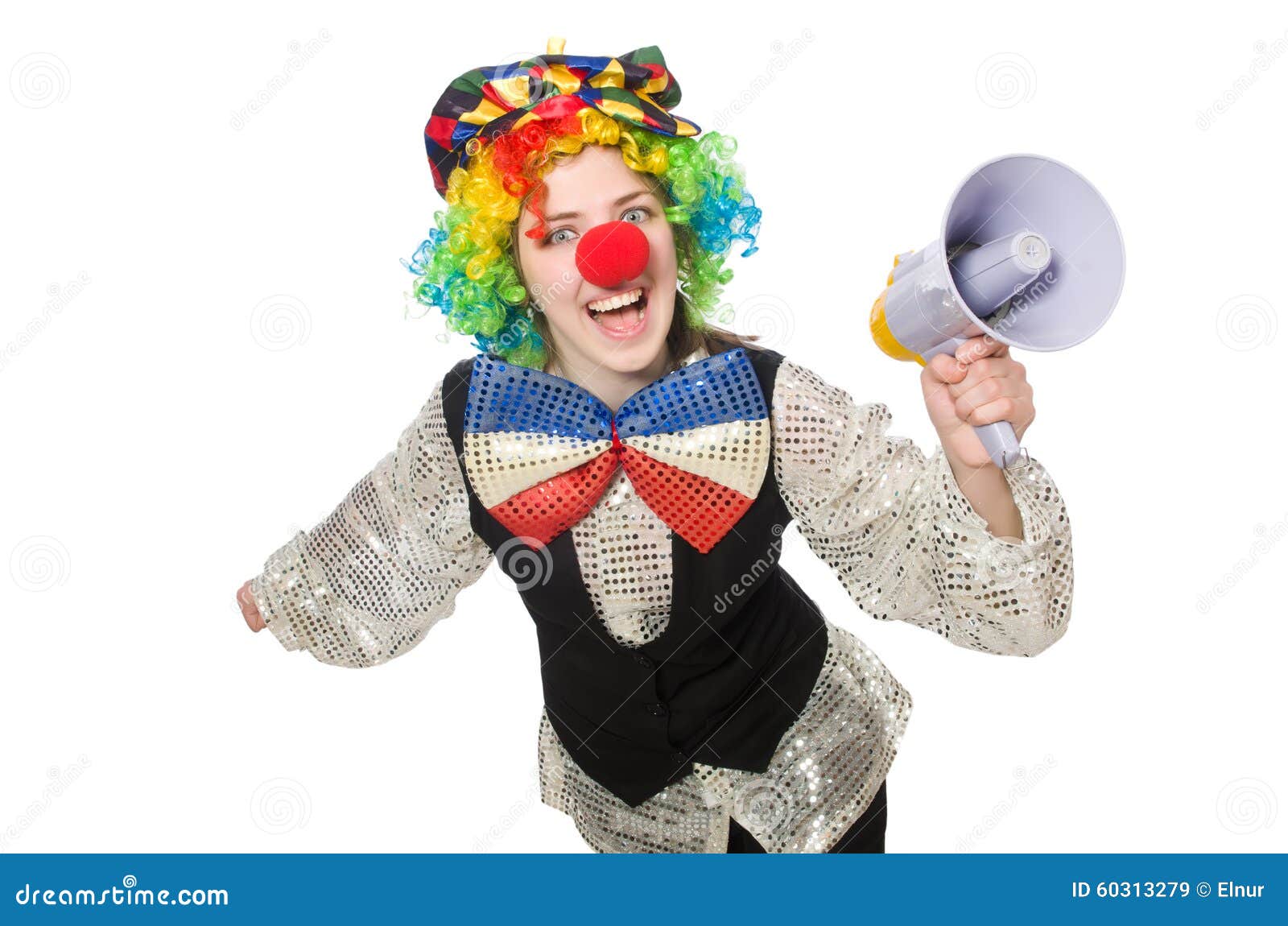 Female Clown with Megaphone Isolated on White Stock Image - Image of ...