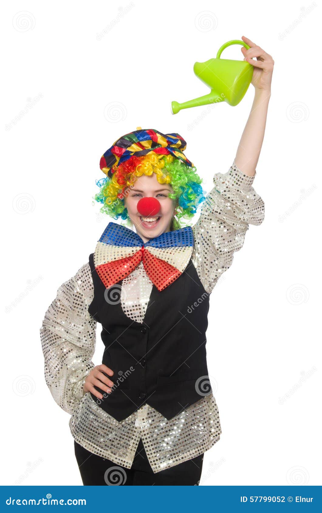 Female Clown with Watering Can Isolated on White Stock Photo - Image of ...