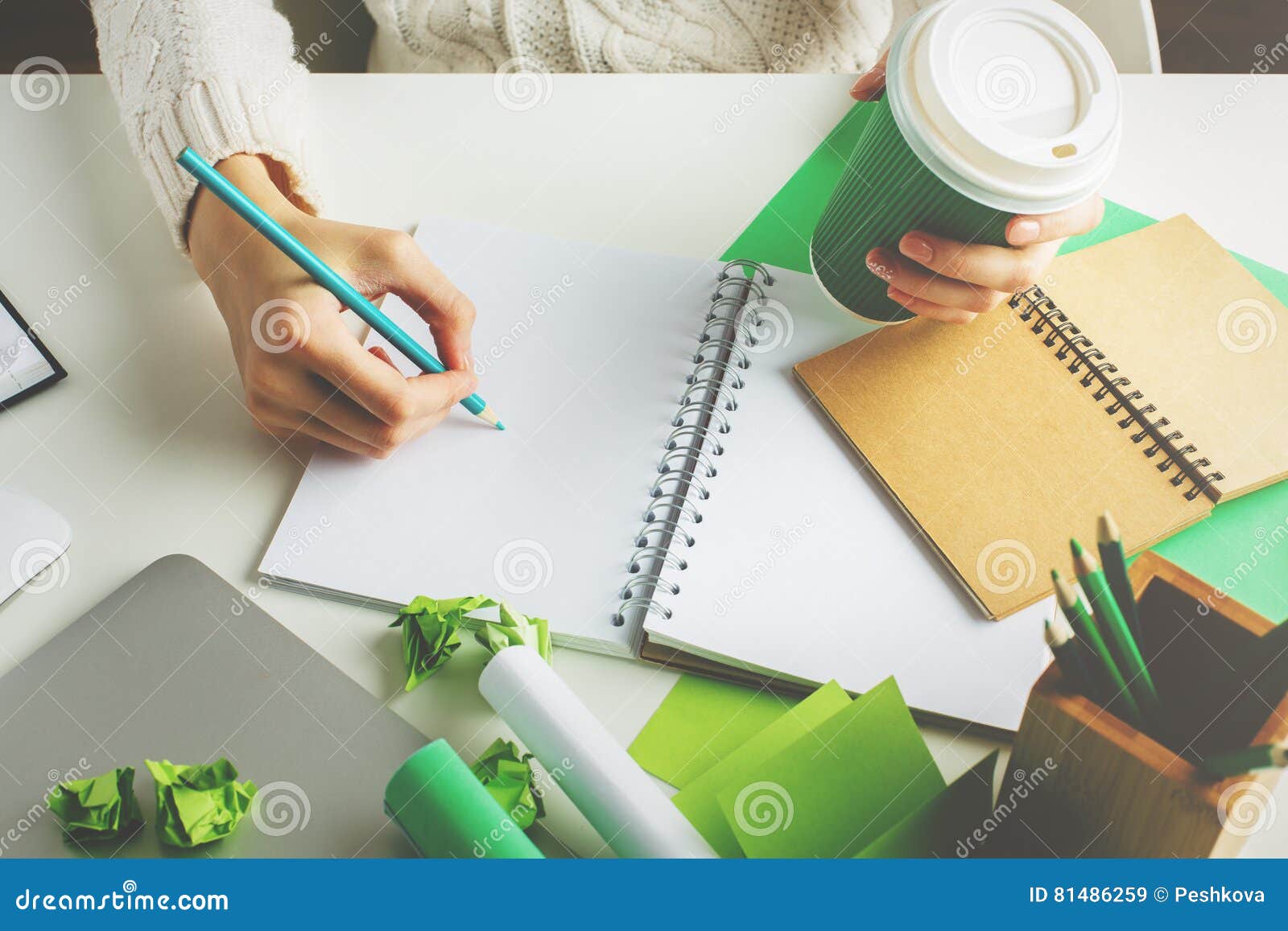 Female with Coffee Writing in Notepad Stock Image - Image of diary ...