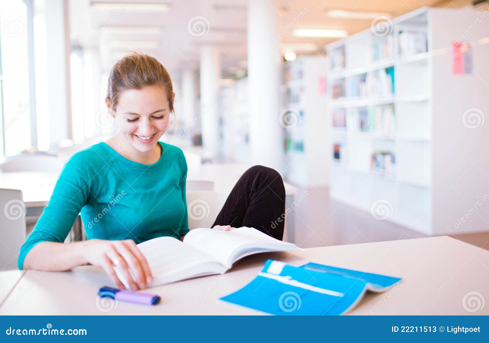 Female College Student in a Library Stock Image - Image of bookcase ...