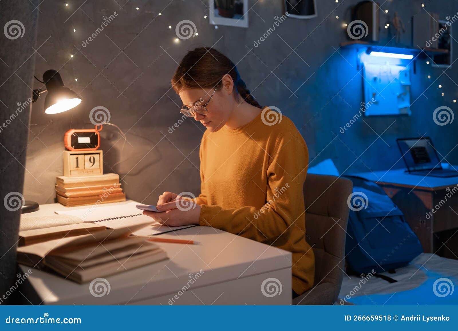 Female College Student Studying in Dormitory at Late Night. Stock Photo ...