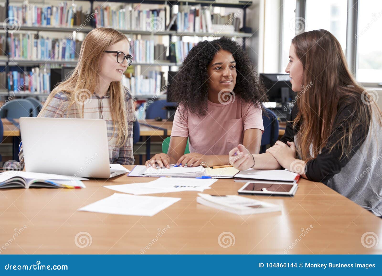 Female College Students Working in Library Together Stock Photo - Image ...