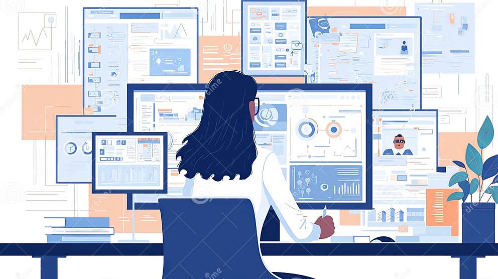 Female Computer Engineer Analyzing Data and Creating Models on Multiple ...