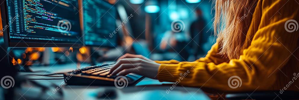 Female Computer Programmer Working on Code at Night in the Office ...