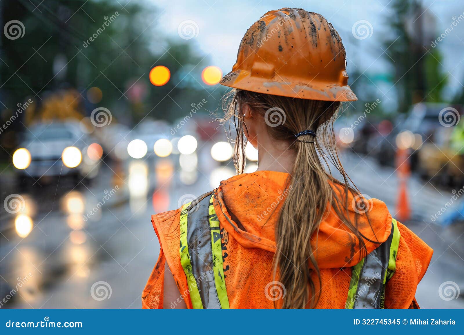 Female Construction Worker Directing Traffic at a Road Work Site Stock ...
