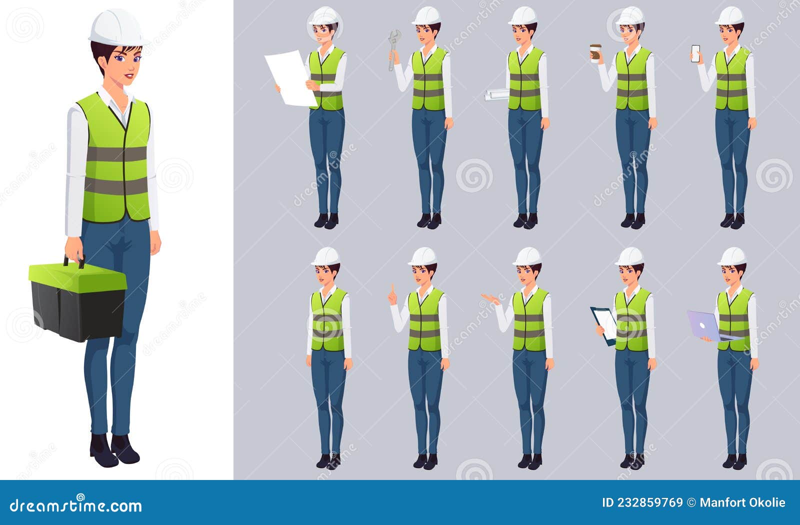 Female Construction Worker, Engineer Character Set with Different Poses ...