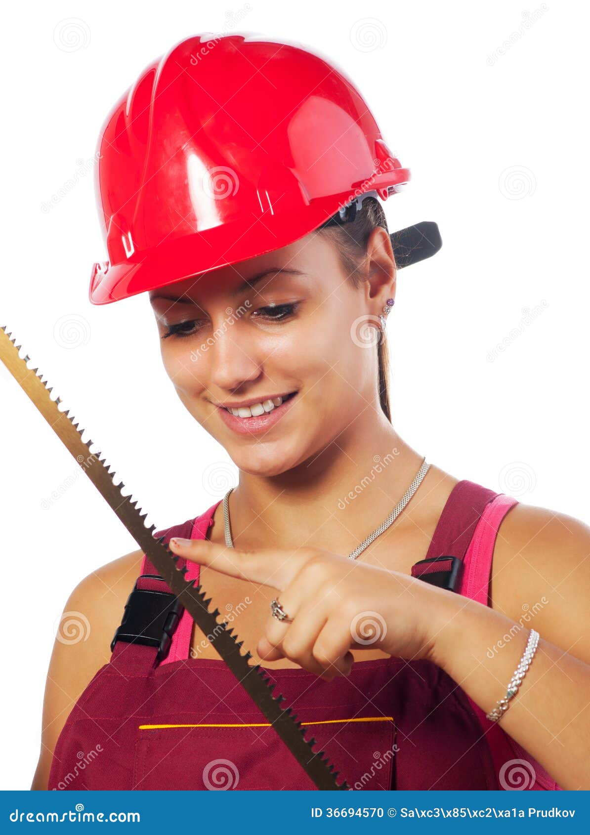 Female Construction Worker Holding Saw Stock Photo - Image of ...