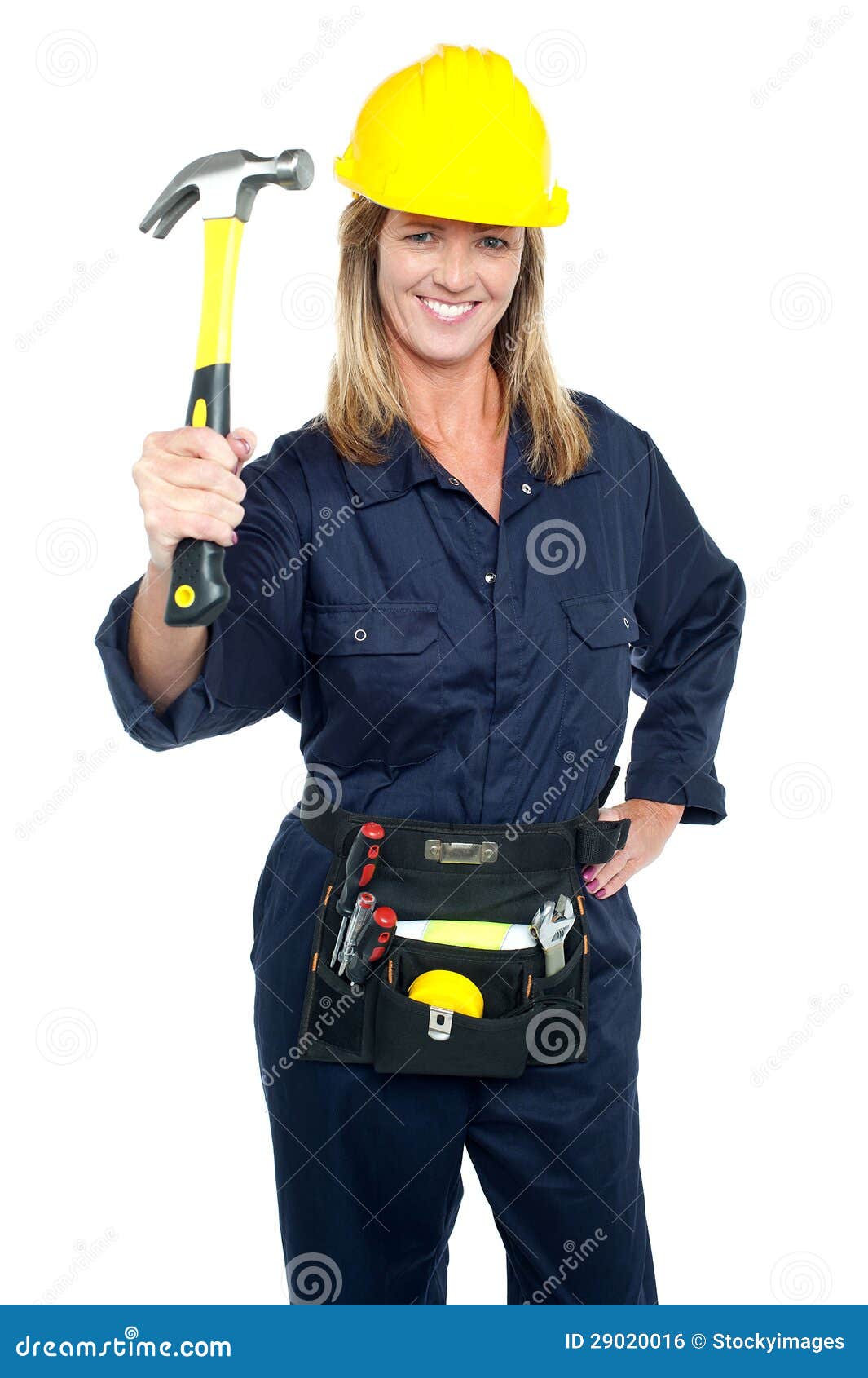 Female Construction Worker Holding Up Hammer Stock Photo - Image of ...