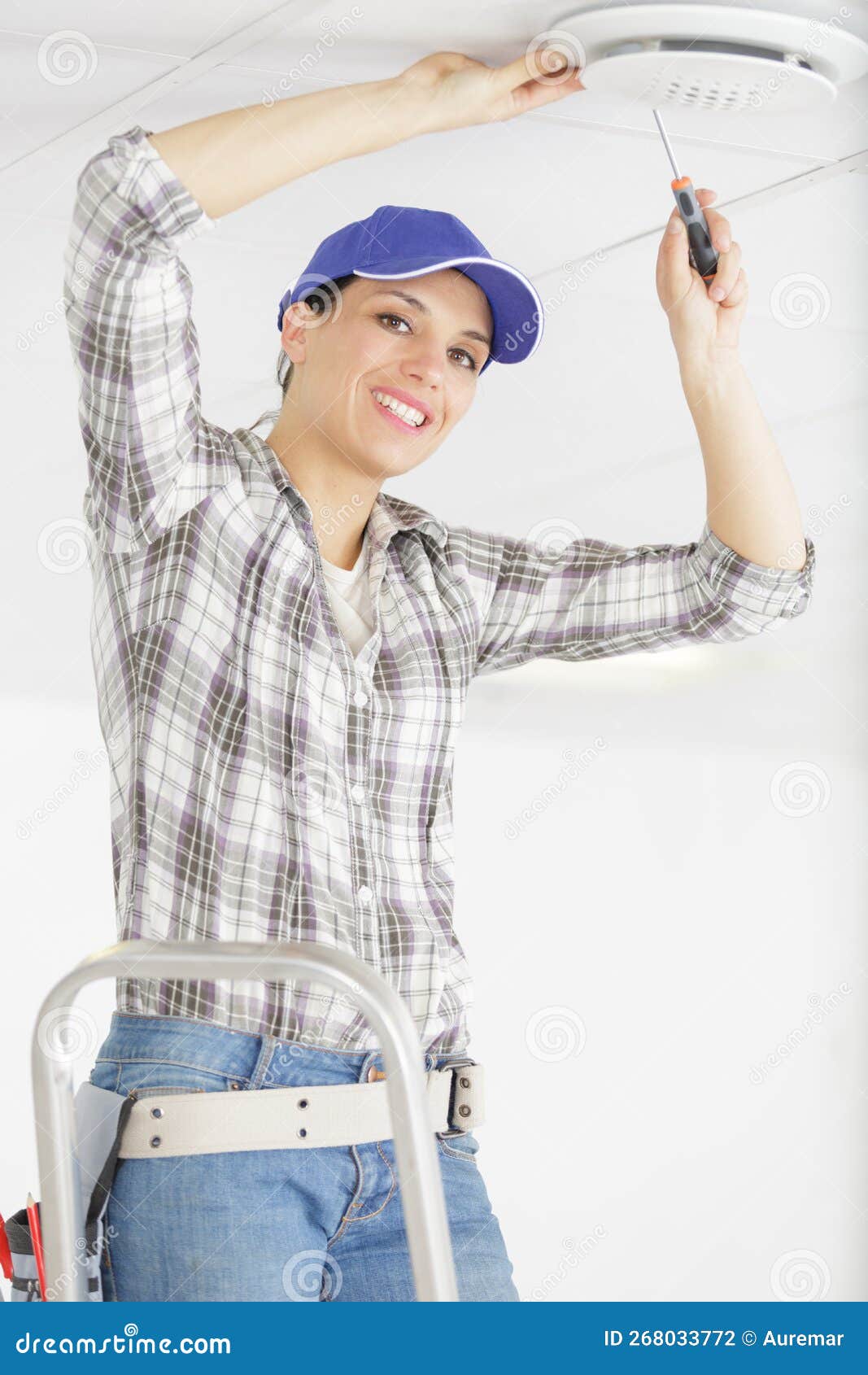 Female Construction Worker on Ladder Stock Photo - Image of manufacture ...