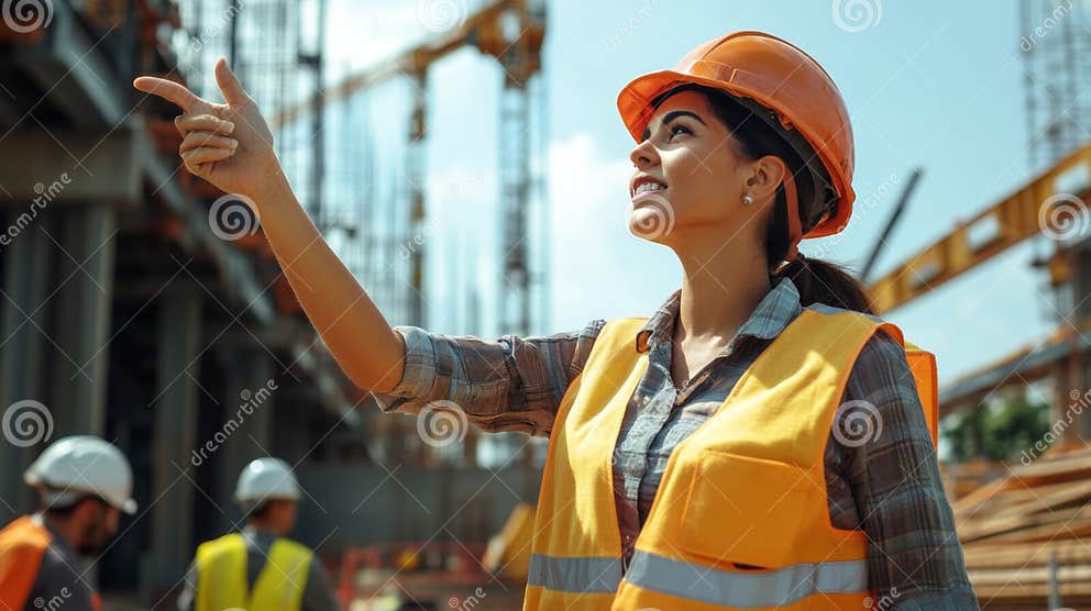 Female Construction Worker Pointing Upward at Building Site Stock ...