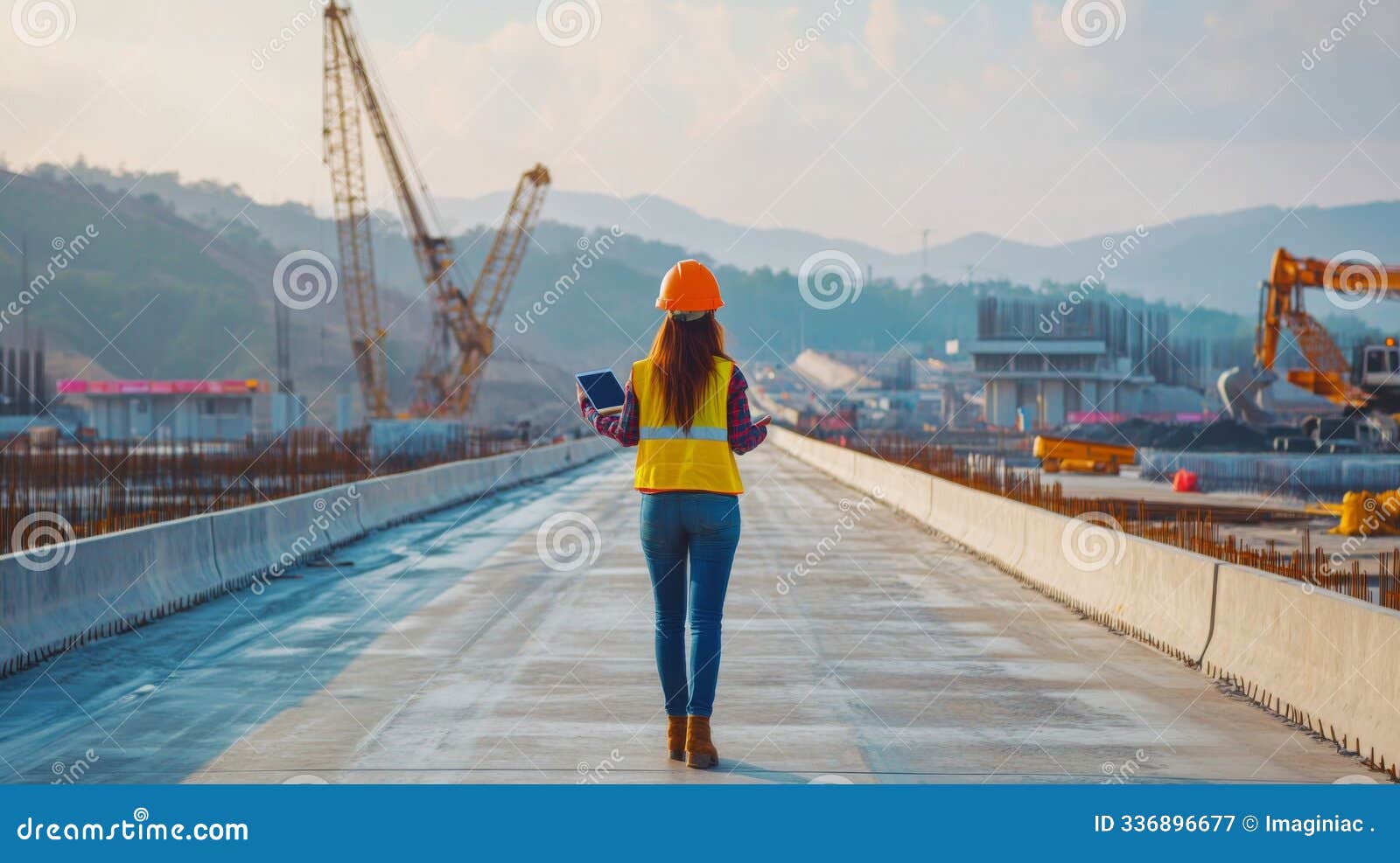 Female Construction Worker with Tablet on Concrete Bridge during ...