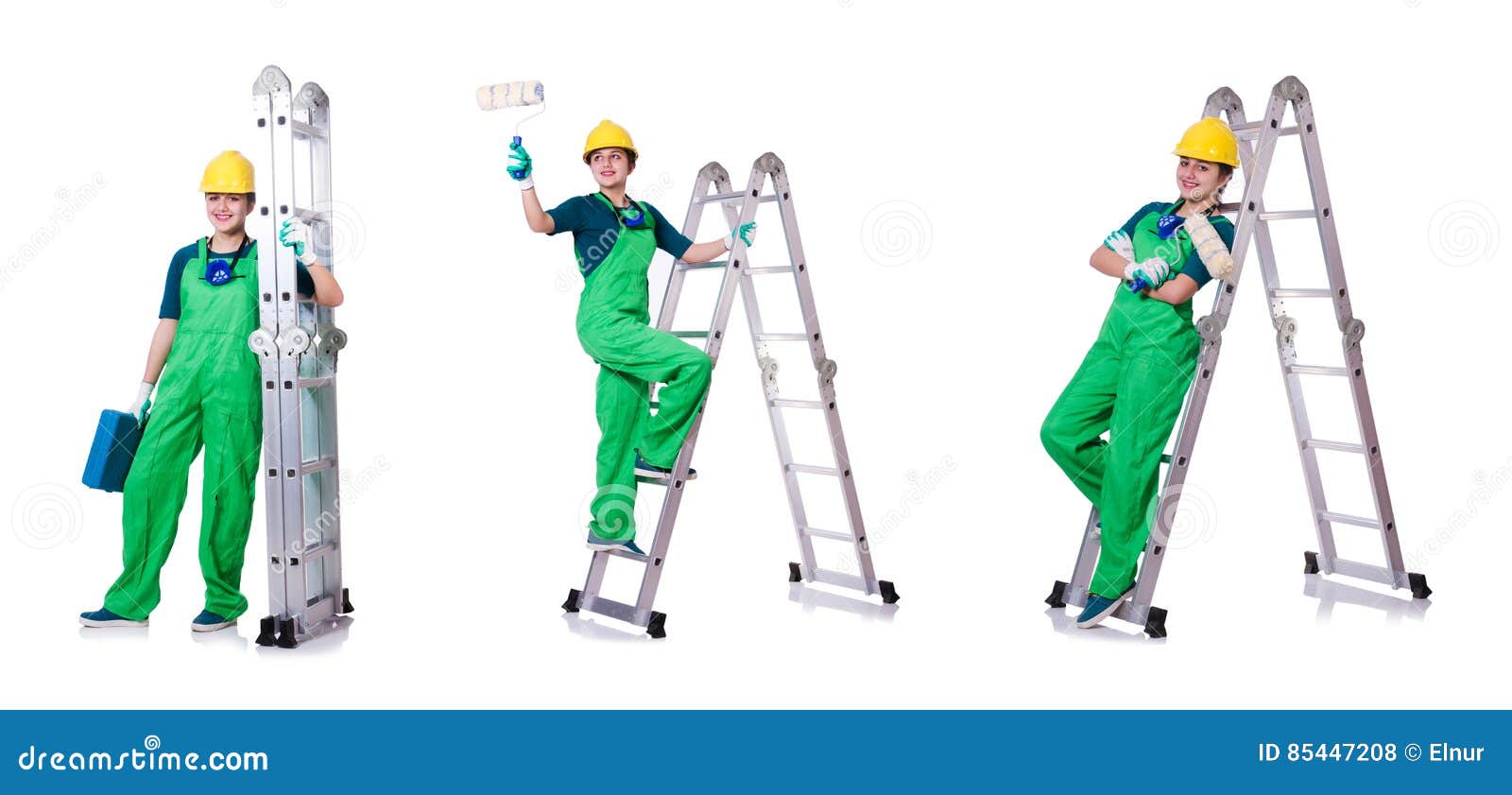 The Female Construction Worker with Toolkit and Ladder Stock Photo ...