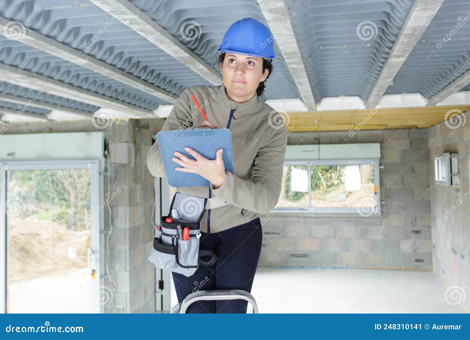 Female Construction Worker with Toolkit and Ladder Stock Image - Image ...
