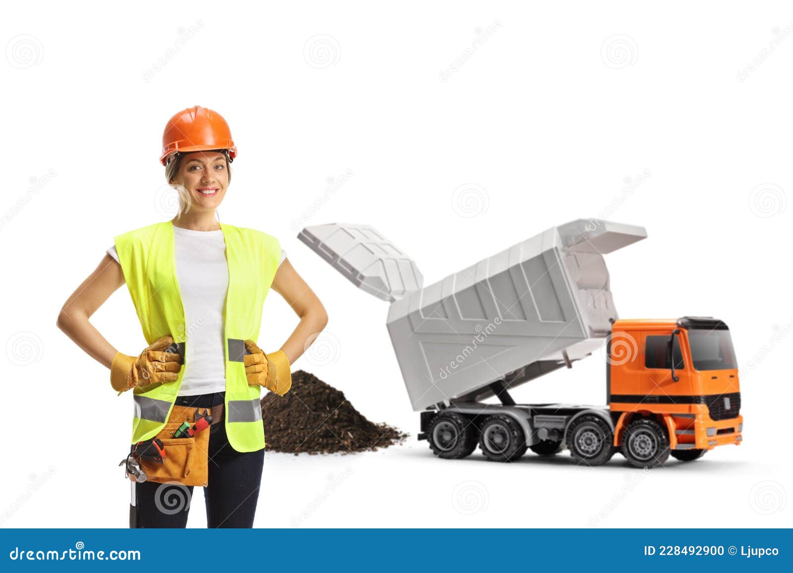 Female Construction Worker and a Truck Unloading Debris Stock Photo ...