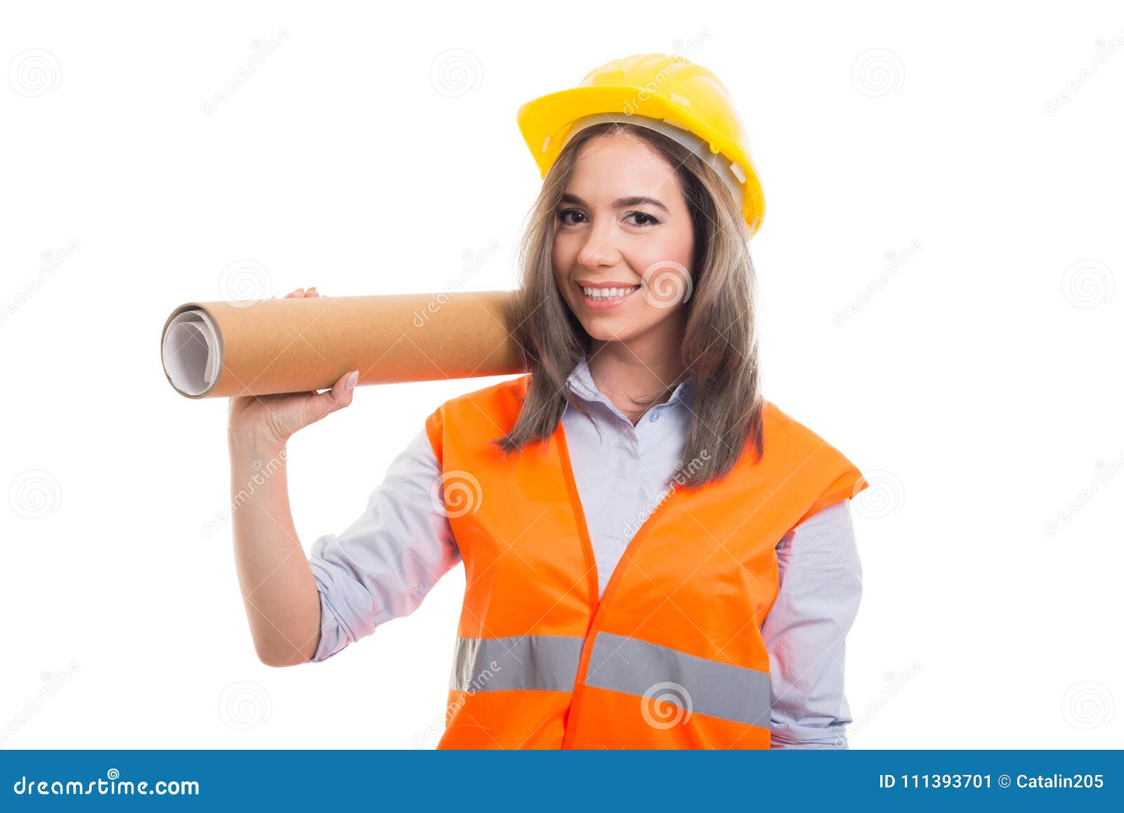 Female Constructor or Architect Holding Rolled Blueprints Stock Image ...
